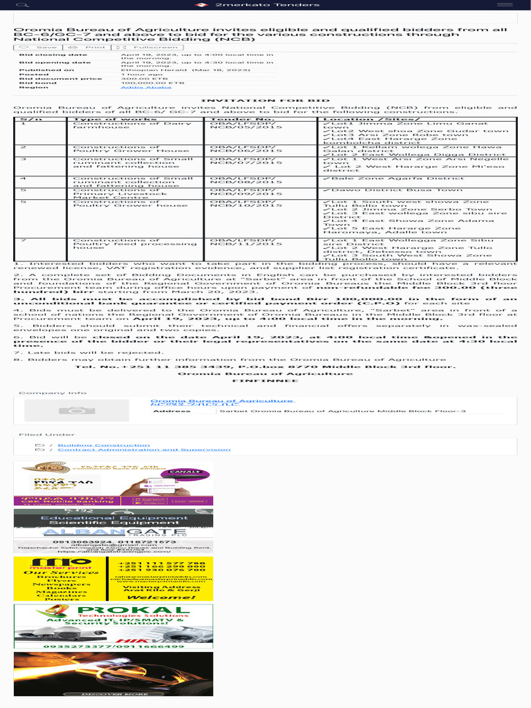 Oromia Agriculture Bid Invitation | PDF