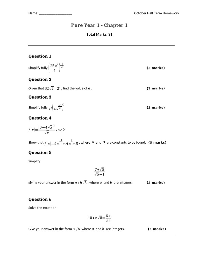 October_Half_Term_Homework | PDF | Equations | Quadratic Equation
