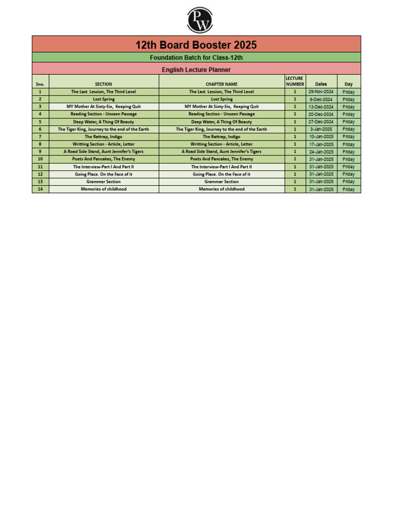 Lecture Planner English 673c648b59ce408c26f0e363 | PDF