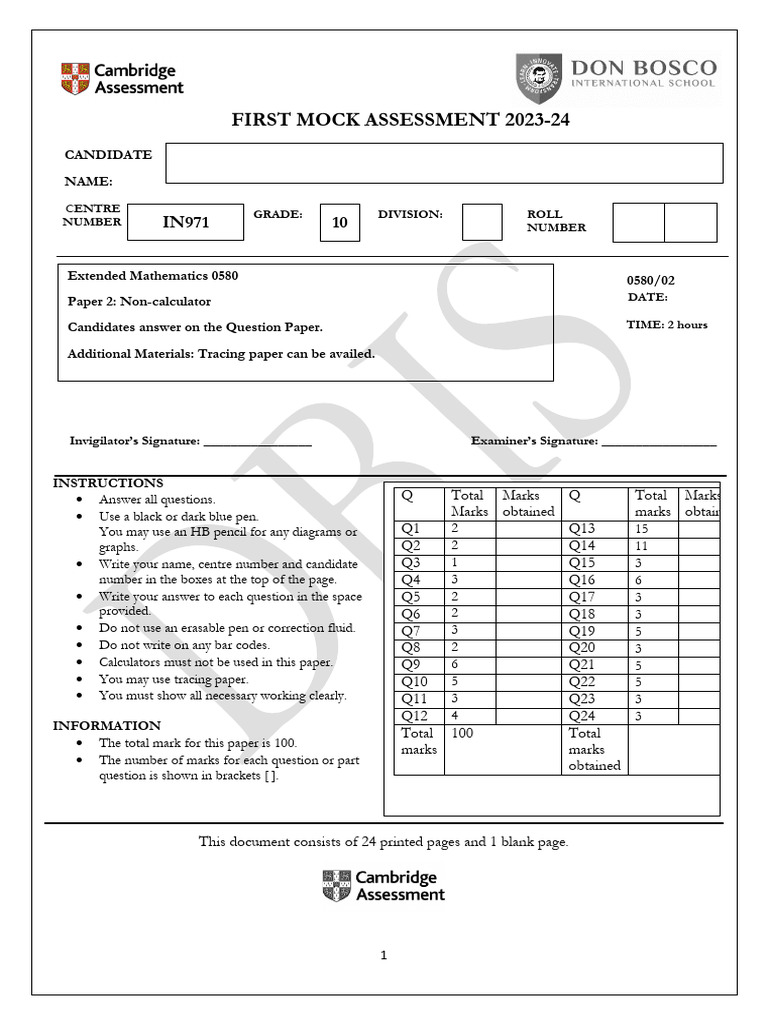 Extended Math 0580 G10Mock1 Paper 2 QP With Answers | PDF | Rectangle ...