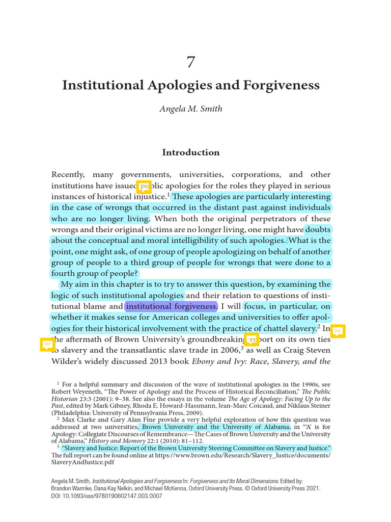 Cap. 7. Angela M. Smith. Institutional Apologies and Forgiveness. 156 ...