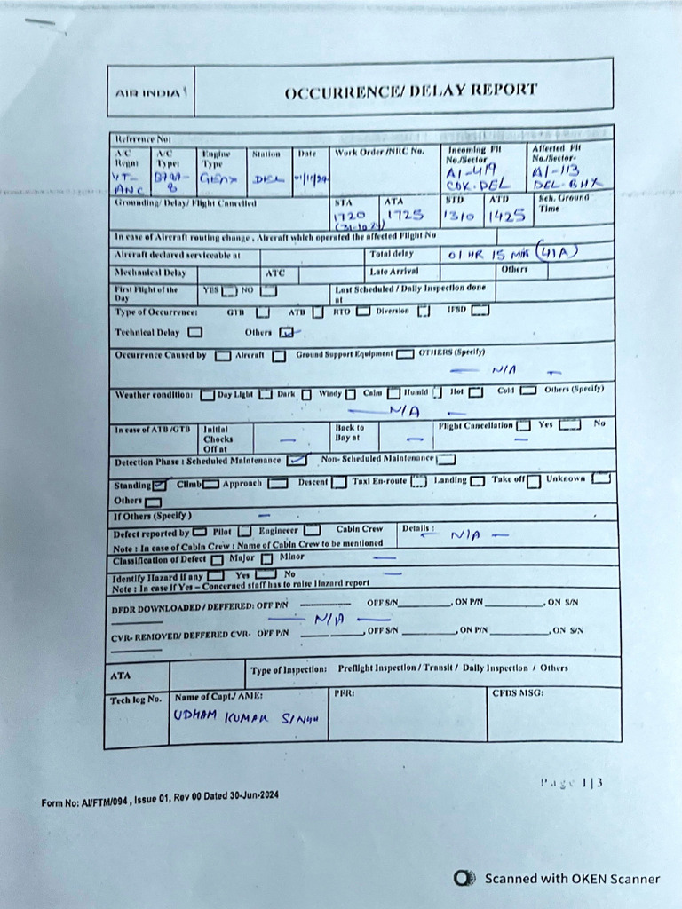 Delay Report - VT-ANC - AI-113 - DEL-BHX | PDF