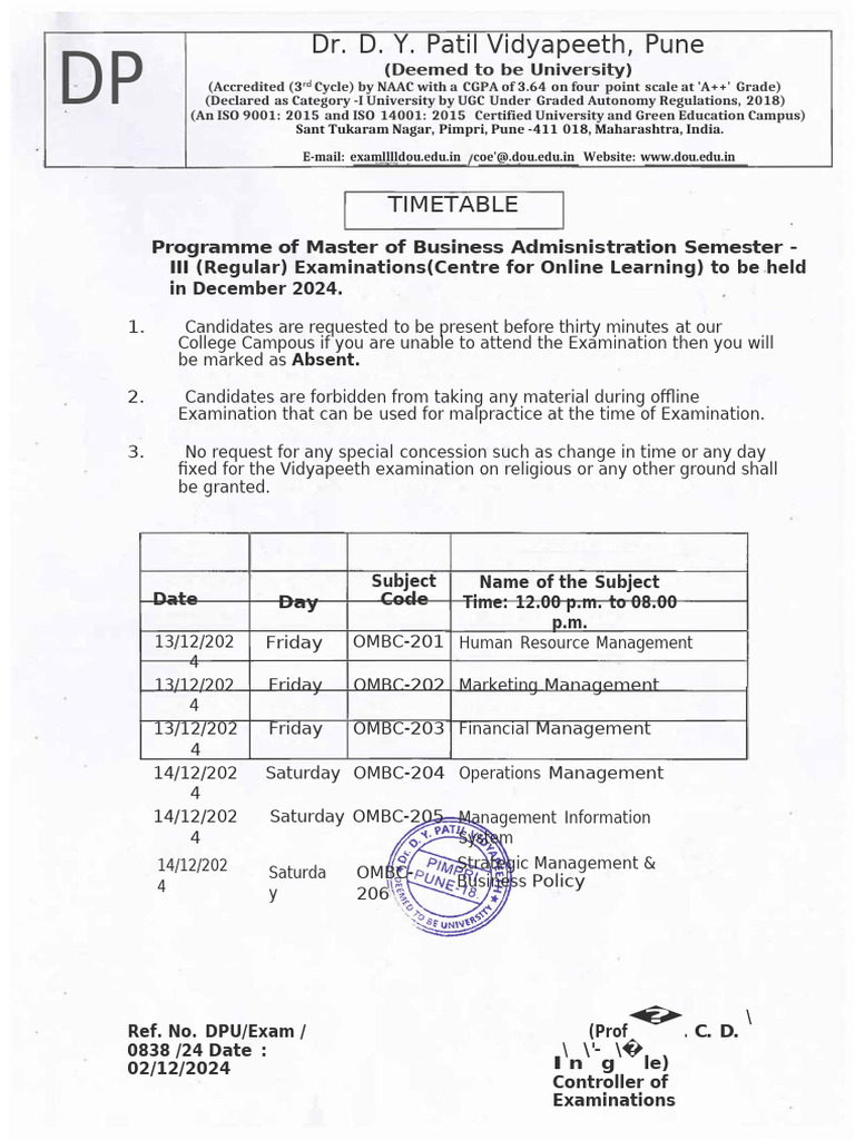 MBA Semester III Exam Schedule | PDF | Educational Stages | Qualifications