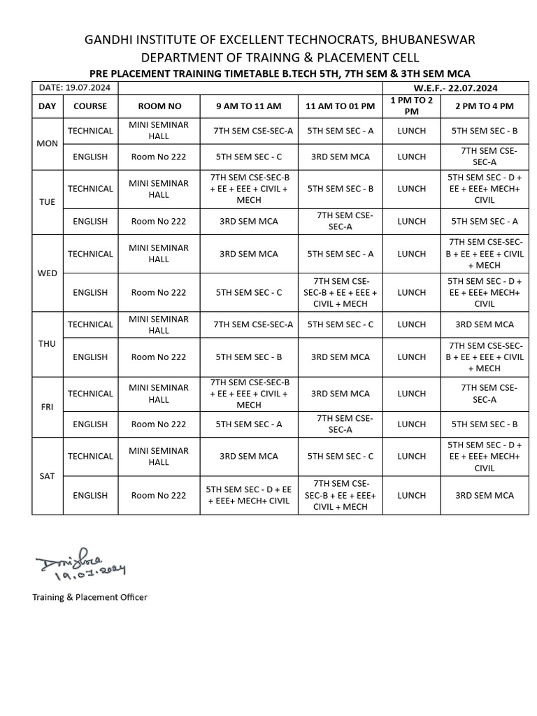 Pre Placement Training Timetable B.tech 5TH, 7TH Sem & 3TH Sem Mca - W.E.F. 22.07.2024 | PDF