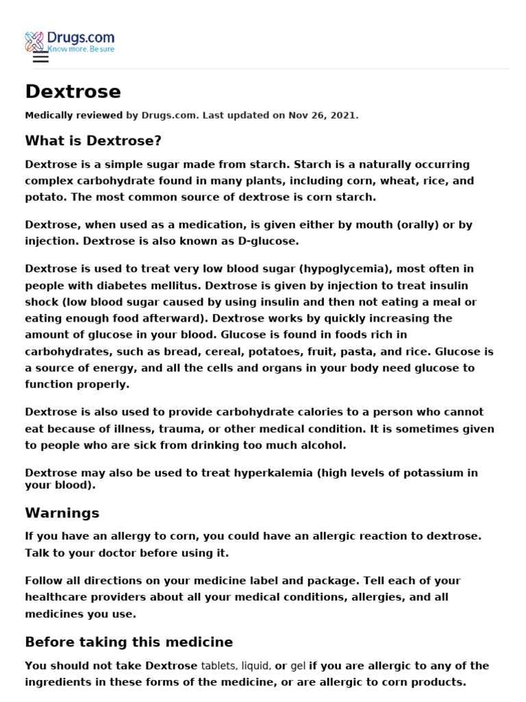 Dextrose - Side Effects, Dosage & Uses - Drugs307 | PDF | Hypoglycemia | Glucose