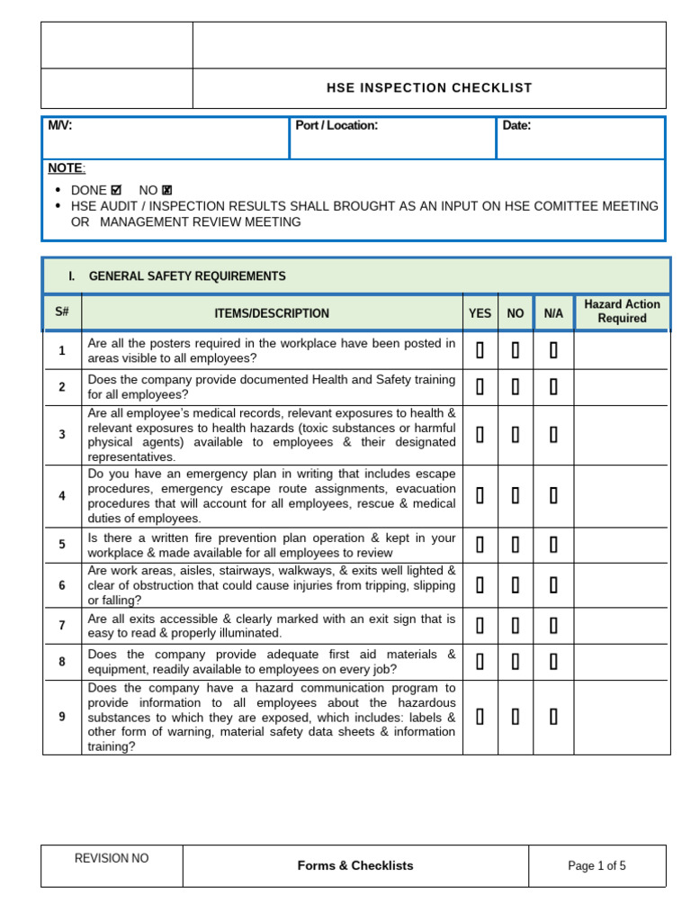 Jic-Cl-017 Hse Inspection Checklist | PDF | Personal Protective Equipment | Sanitation