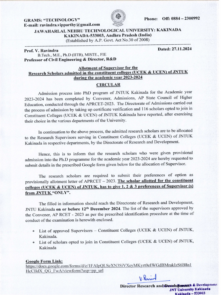 Circular for Allotment of Supervisors in Constituent Colleges JNTUK ...