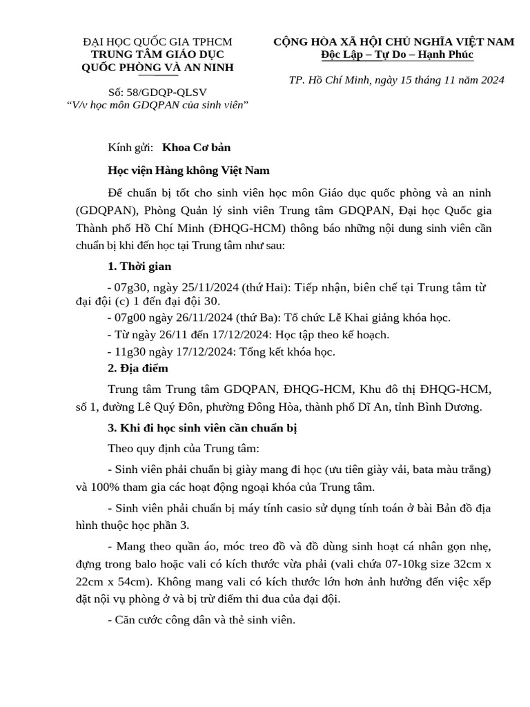 Thông báo đầu khóa học-HVHK-K442 | PDF