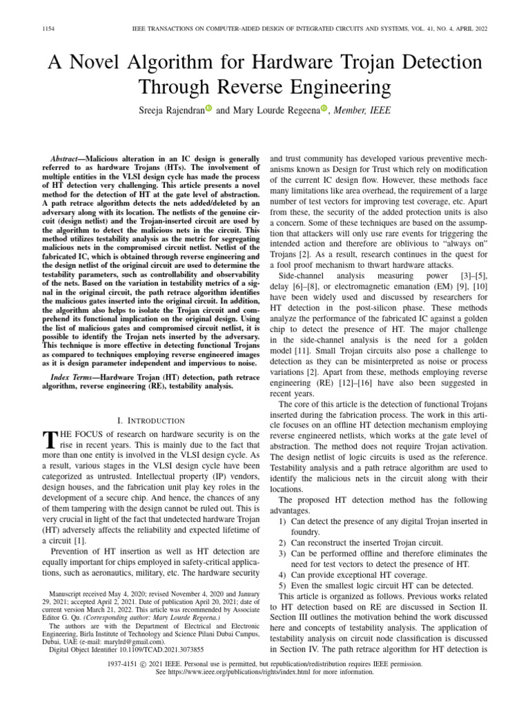A Novel Algorithm For Hardware Trojan Detection Through Reverse Engineering Pdf Electronic
