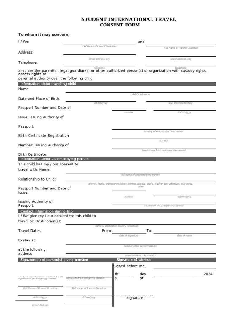 Student Travel Consent Form 2024 | PDF | Birth Certificate | Parent