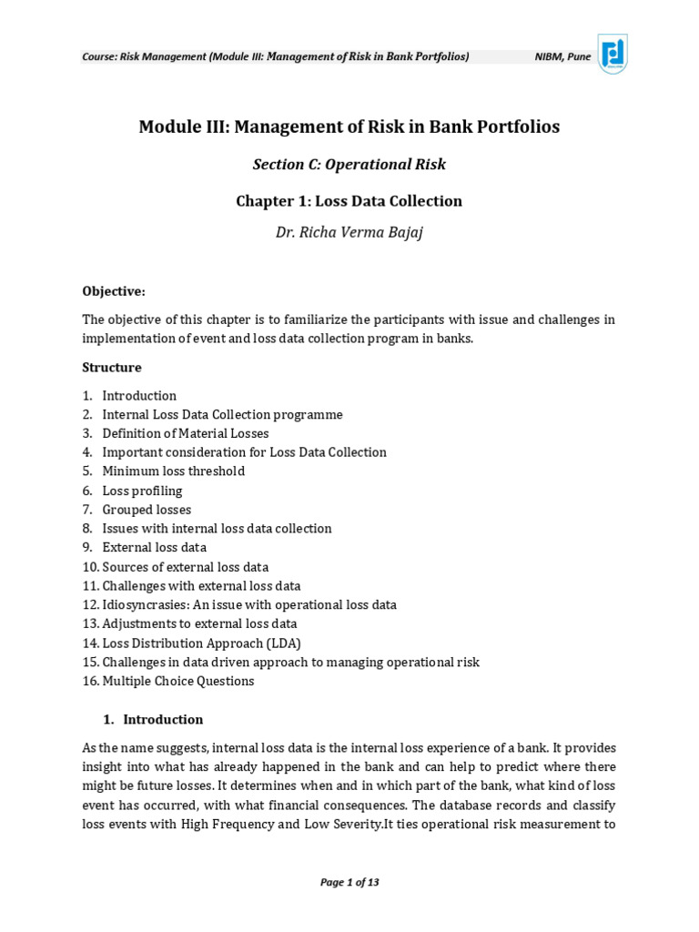 RSKMGT Module III Sec C CH 1 Loss Data Collection | PDF | Operational Risk | Risk