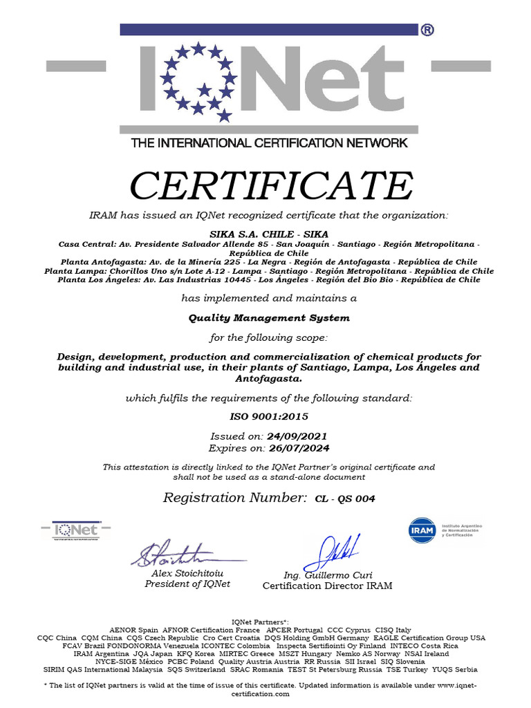CL - SIKA S.A. CHILE SIKA 9001 Iqnet | PDF | Quality Management | Quality