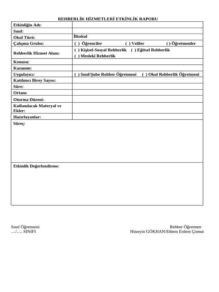Haftalik Rehberlik Etkinlik Degerlendirme Formu | PDF