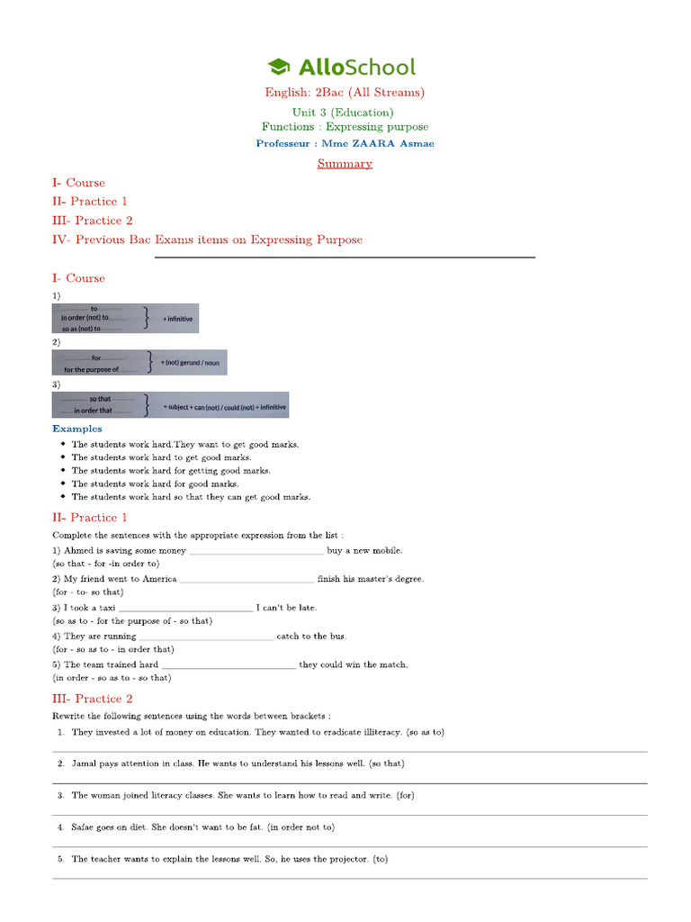 Functions 3 Expressing Purpose | PDF