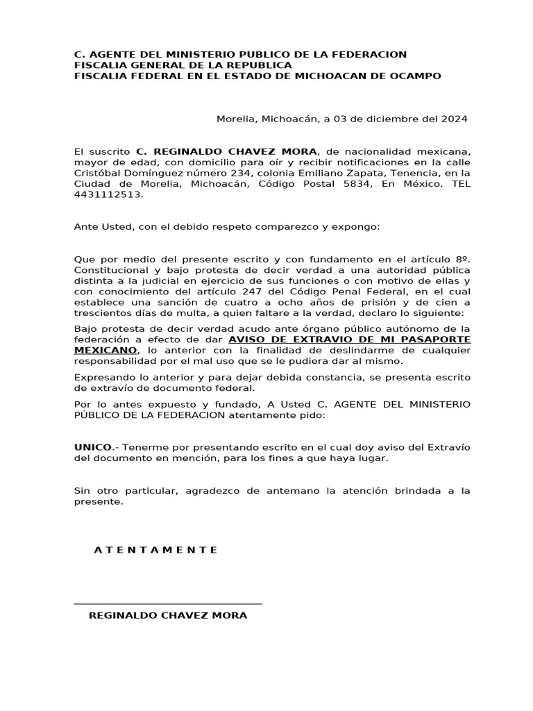 Aviso de Extravio de Pasaporte | PDF