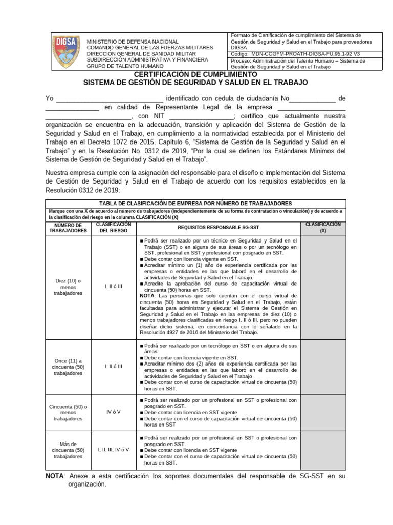 formato de certificacion de cumplimiento del sgsst para proveedores v3 ...
