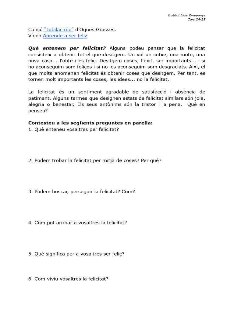 Què És Per Tu La Felicitat | PDF