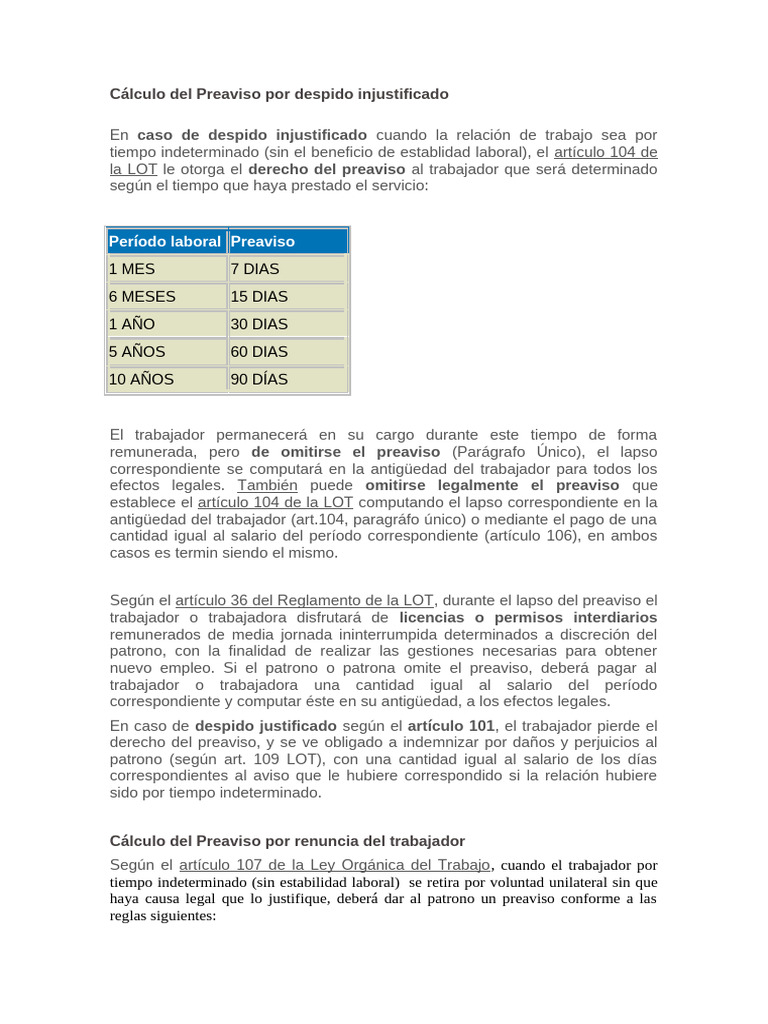 Cálculo Del Preaviso Voluntario Por Despido Injustificado | PDF | Labor