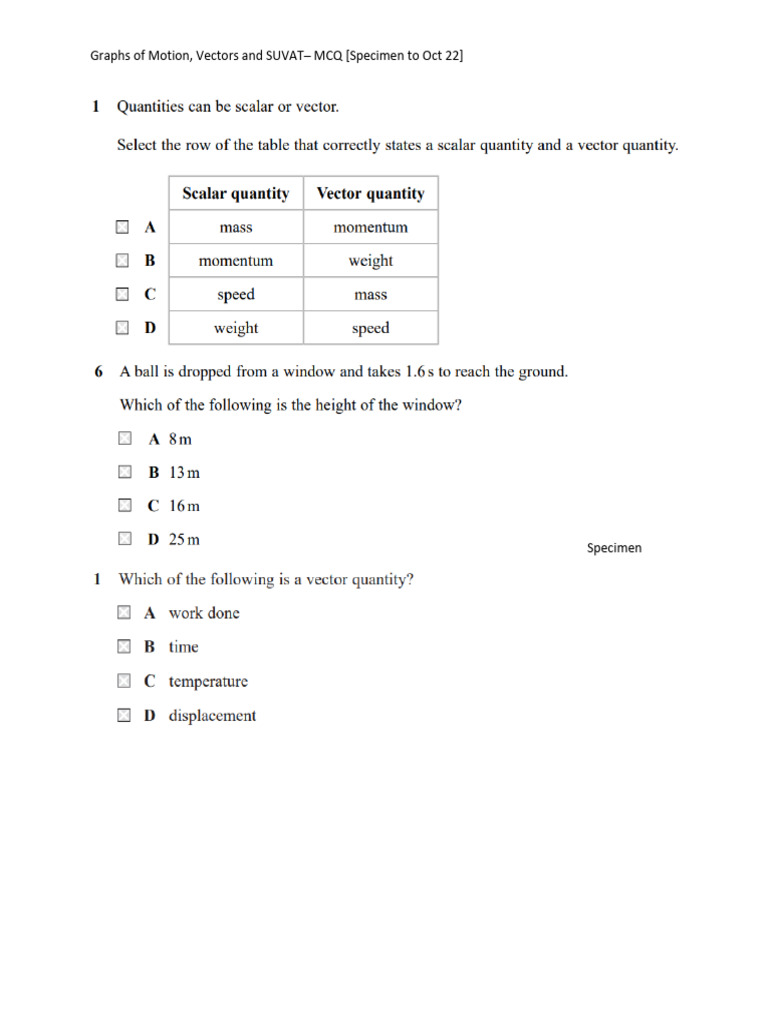 Suvat Motion Graphs Mcq Specimen Pdf
