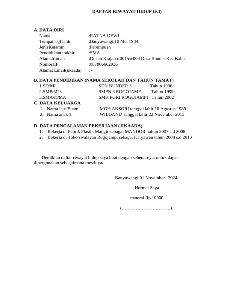 CV Ratna Dewi: Pendidikan & Pengalaman | PDF