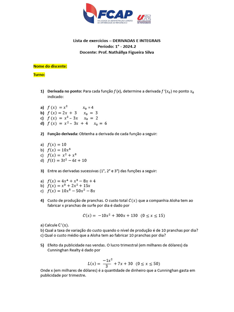Lista de Exerc-Cios - Derivadas e Integrais 2024 | PDF | Derivado ...