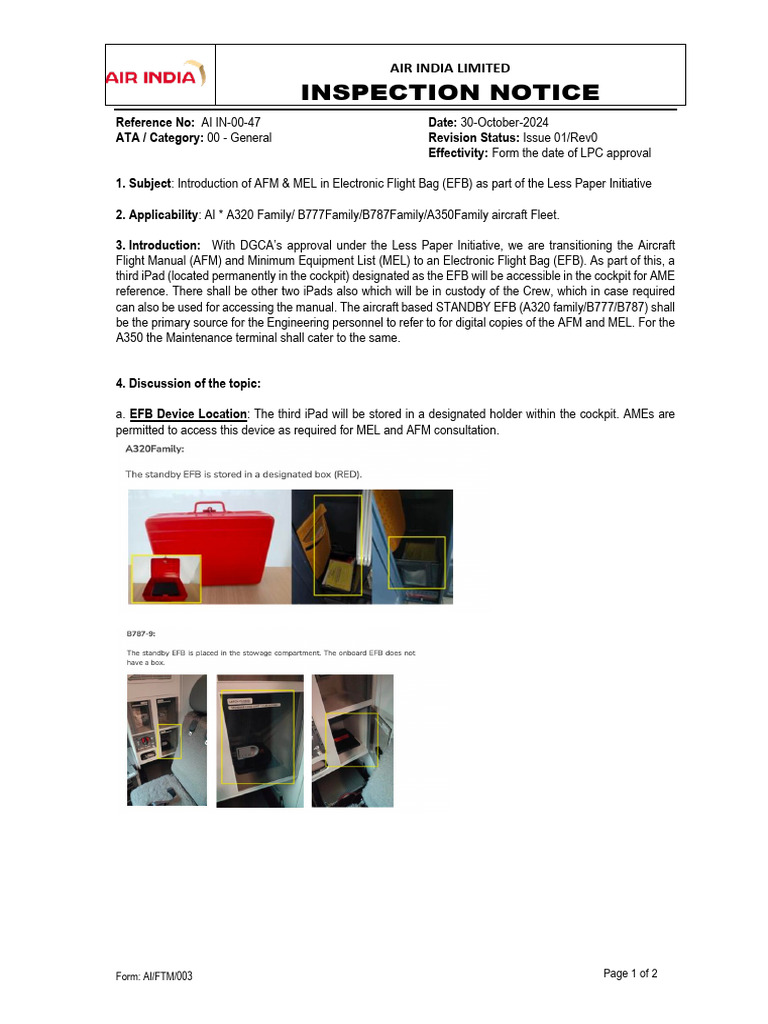 AIR INDIA INSPECTION NOTICE-AI-IN-00-047 - Subject Introduction of AFM ...