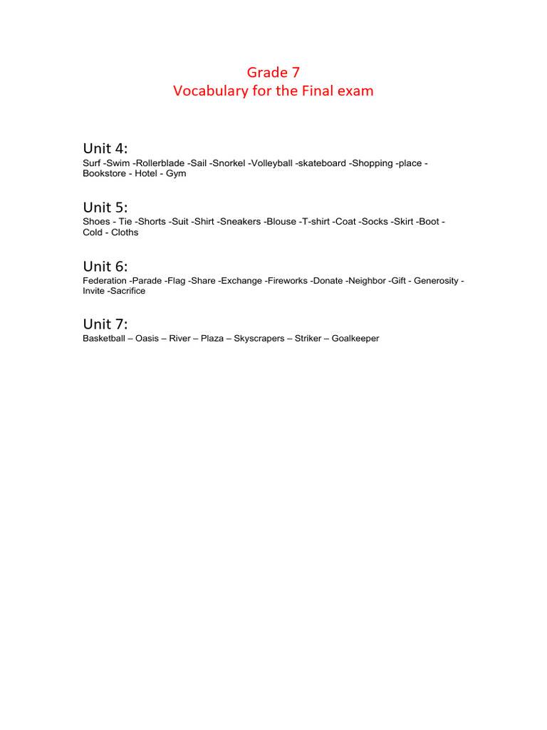 Grade 7 Vocabulary Exam Guide | PDF