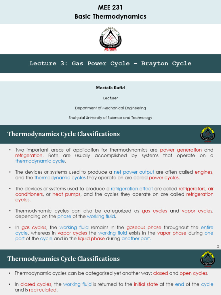 Thermodynamics: Brayton Cycle Basics | PDF | Gas Turbine | Engines