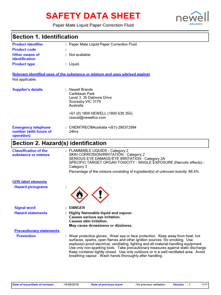 Liquid Paper Correction Fluid SDS | PDF | Occupational Safety And ...
