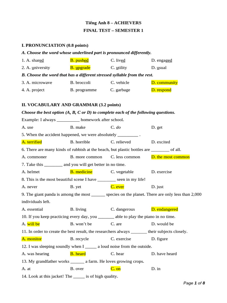 Achiever G8 - Semester 1 - Final Test - Key | PDF