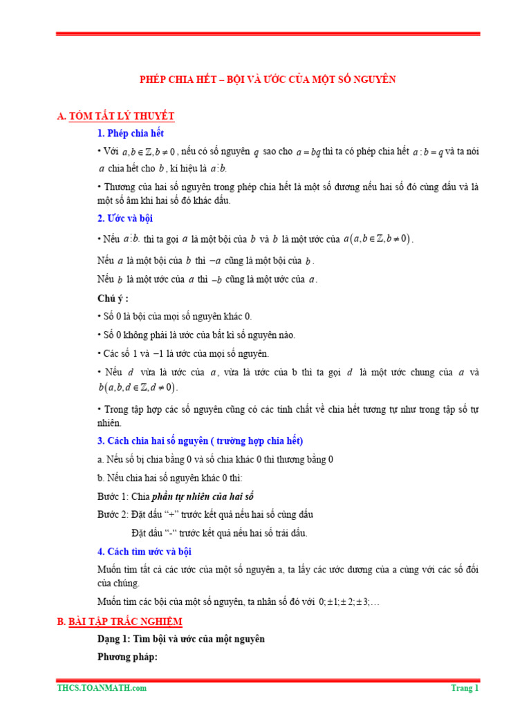 Tom Tat Ly Thuyet Va Bai Tap Trac Nghiem Phep Chia Het Uoc Va Boi Cua Mot So Nguyen | PDF