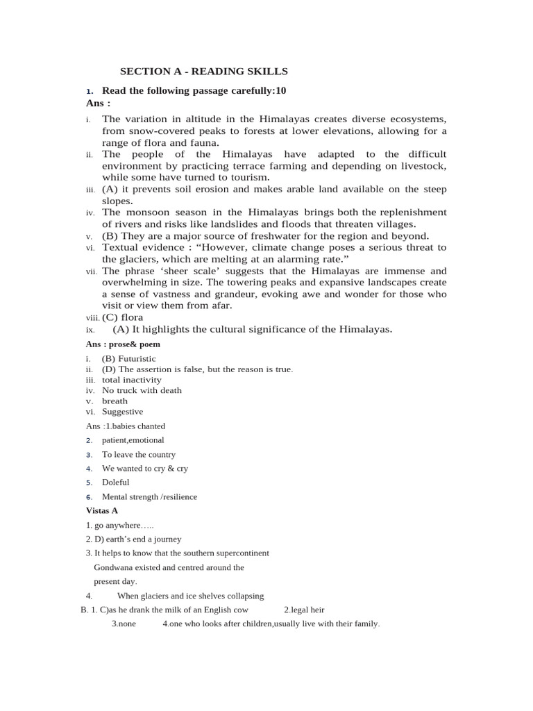 Section A - Reading Skills Read The Following Passage Carefully:10 Ans ...