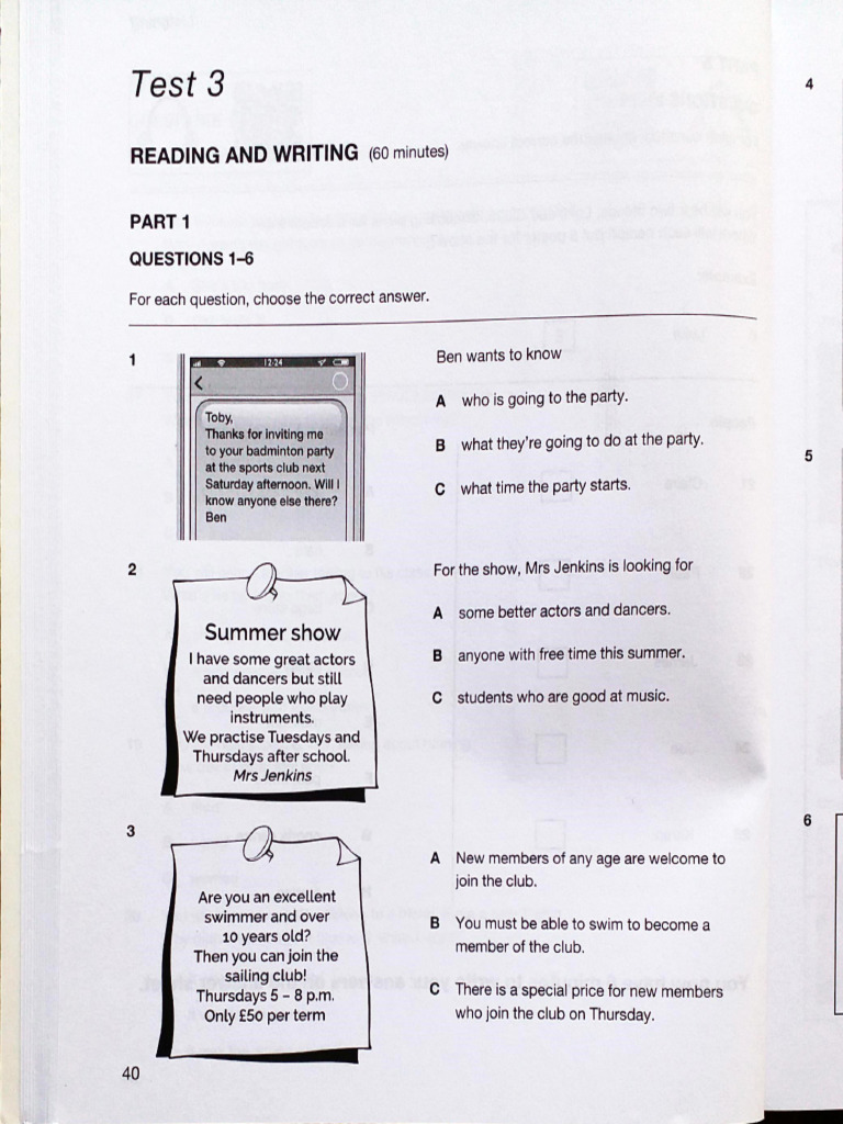KET Reading and Writing Test 3 | PDF | Sushi | Teachers