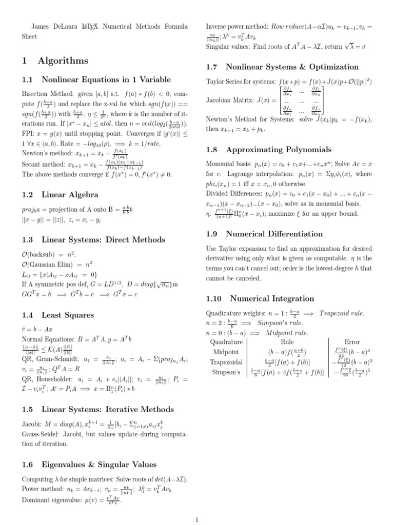 Numerical Methods Formula Sheet | PDF | Numerical Analysis | Algebra