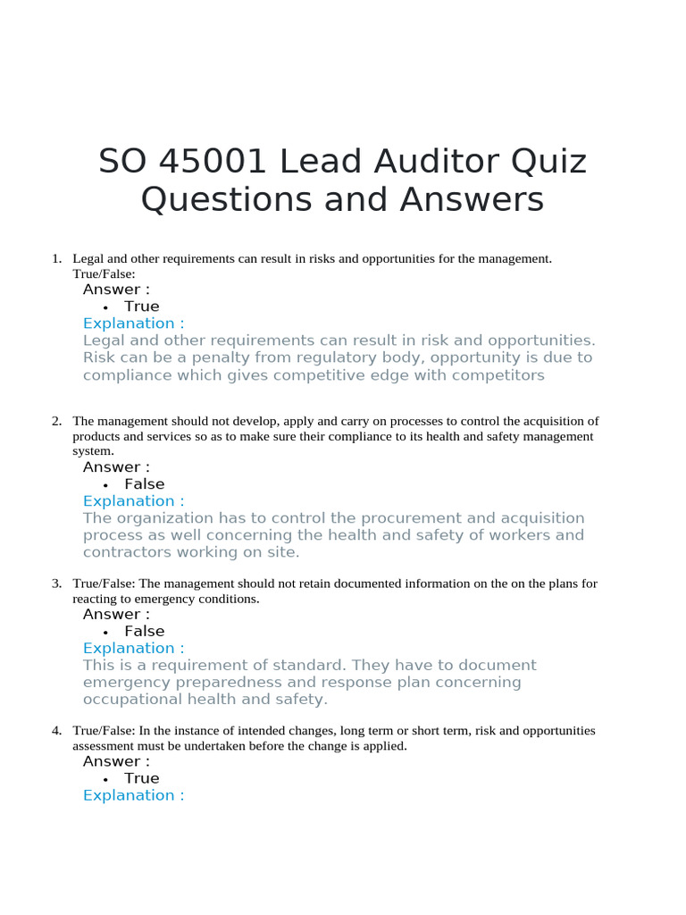 SO 45001 Lead Auditor Quiz Questions and Answers | PDF | Occupational ...