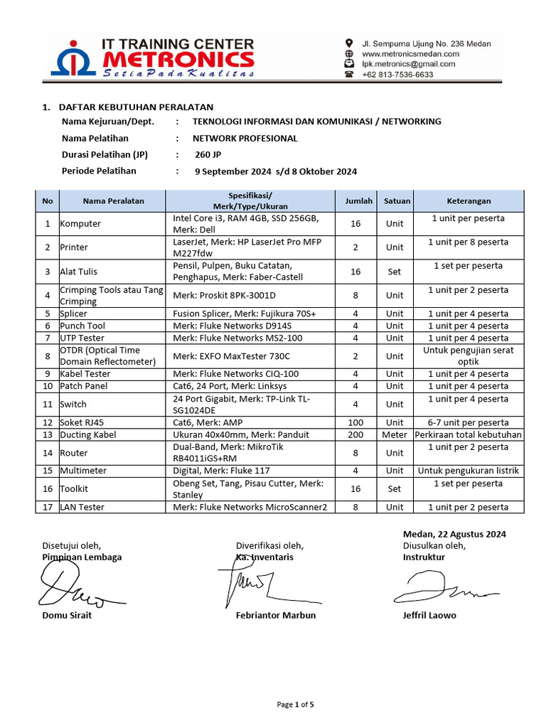 Daftar Kebutuhan Peralatan | PDF