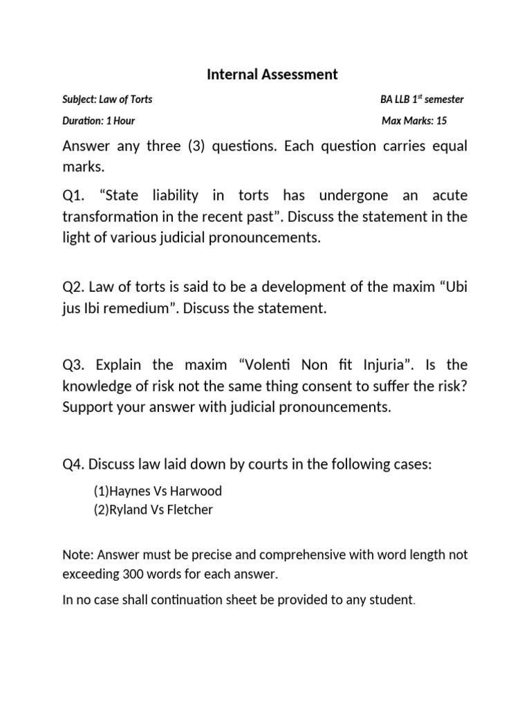 Internal Assessment Torts | PDF