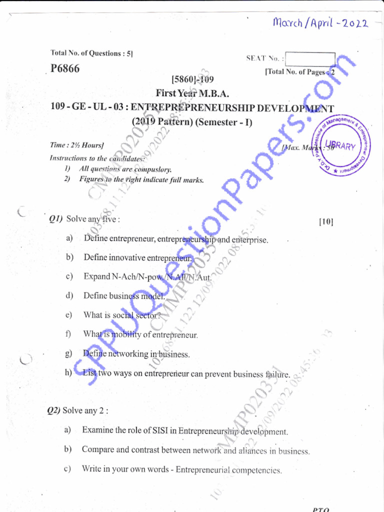 MBA Entrepreneurship Exam Questions | PDF