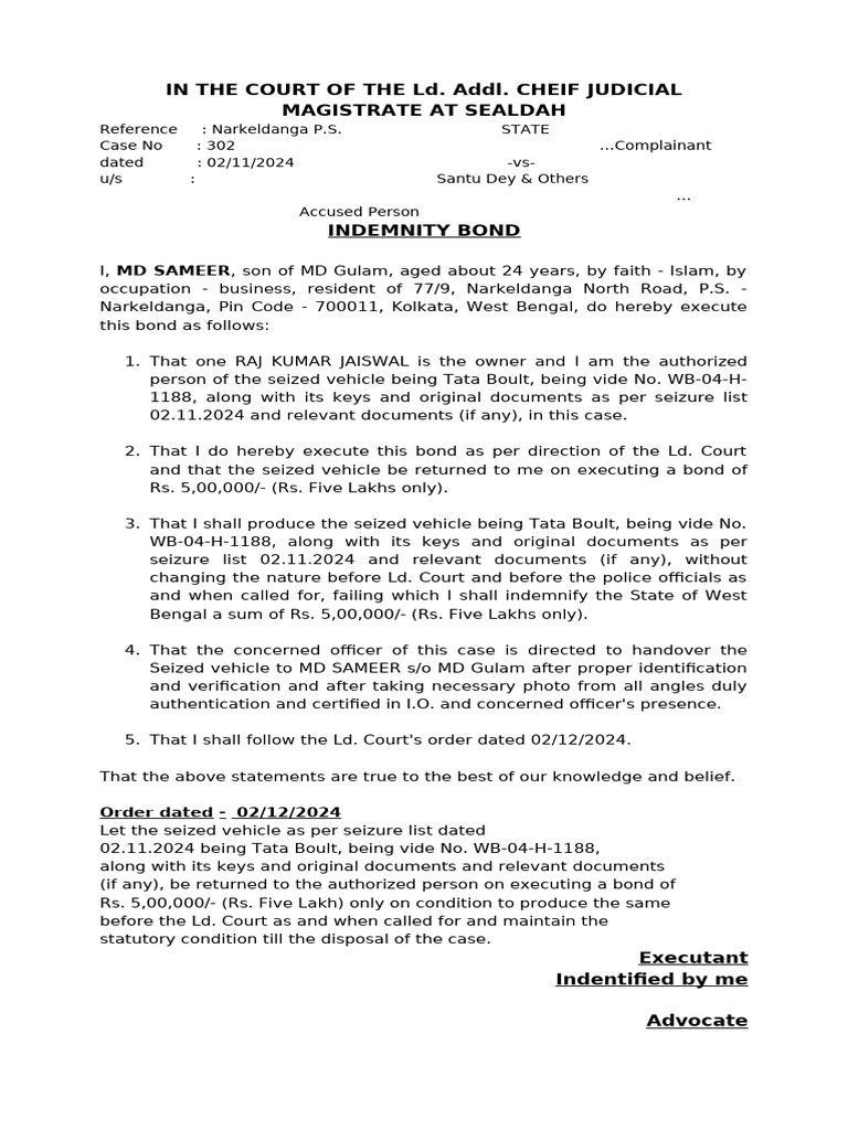 Indemnity Bond | PDF | Justice | Crime & Violence