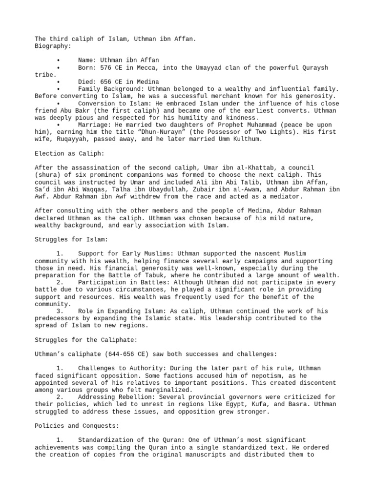 Hazrat Uthman Ibn Affan | PDF | Caliphate | Umar
