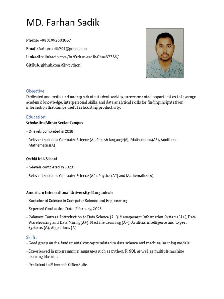 CV MD. Farhan Sadik | PDF | Machine Learning | Prediction