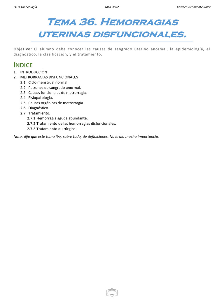 Tema 36. Hemorragias Uterinas Disfuncionales | PDF | Ciclo menstrual | Menstruación