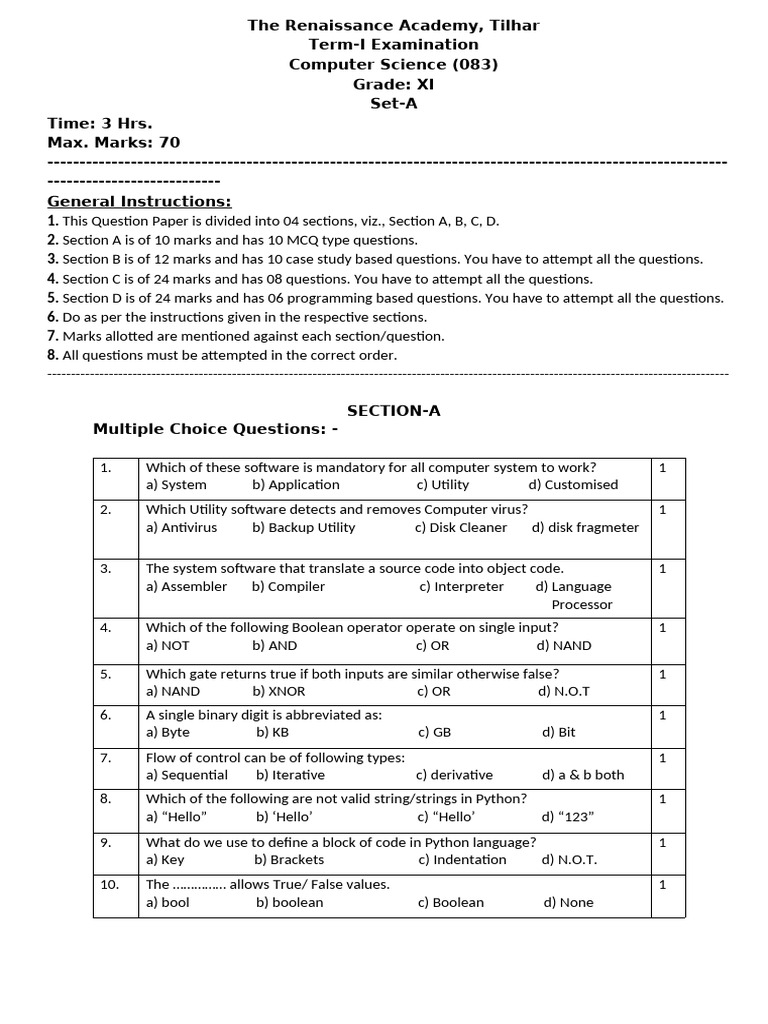 11 Computer Science Set A Pdf Boolean Data Type Computer Engineering