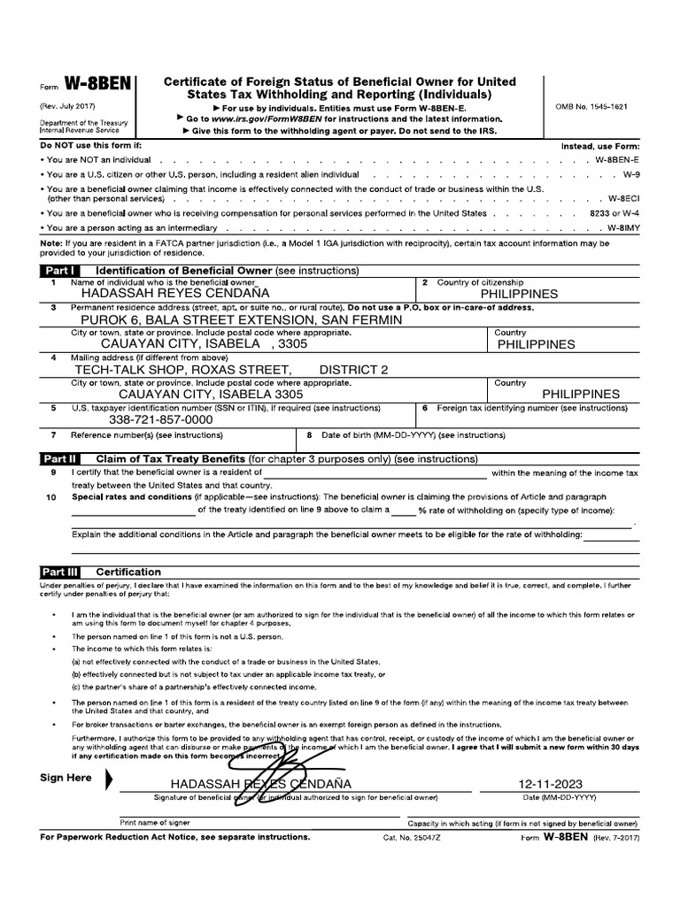 W-8BEN Form | PDF