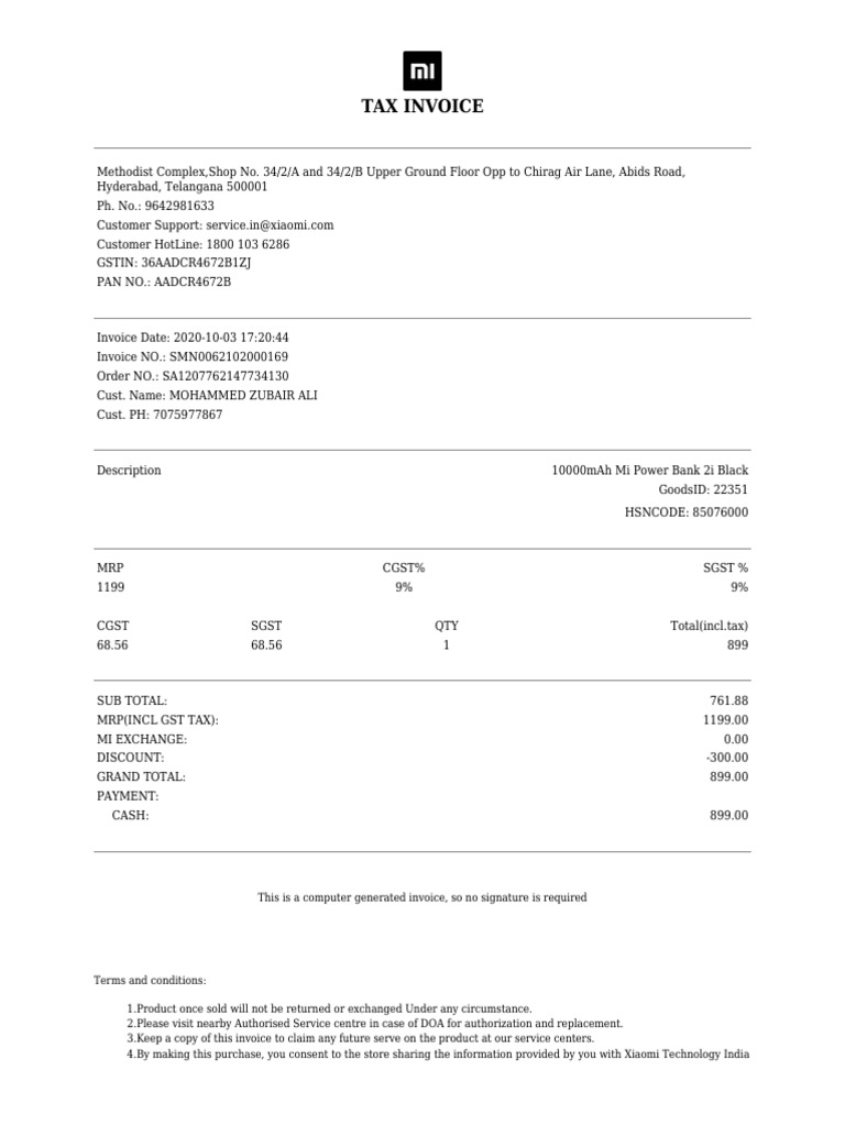 Invoice Copy - Mi Home - Abids, Hyderabad | PDF | Taxation | Government ...