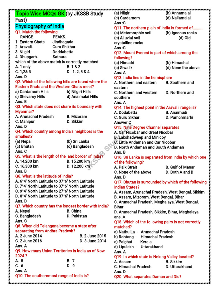 MCQs GK of India by Iqbal Sir JKSSB Study Fast | PDF | Mahatma Gandhi | Jawaharlal Nehru