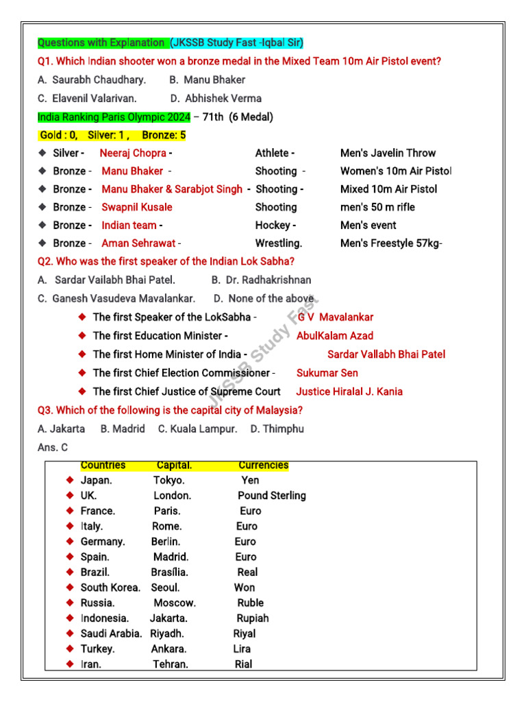 Quick Revision GK by Iqbal Sir JKSSB Study Fast | PDF | Metals | Iron