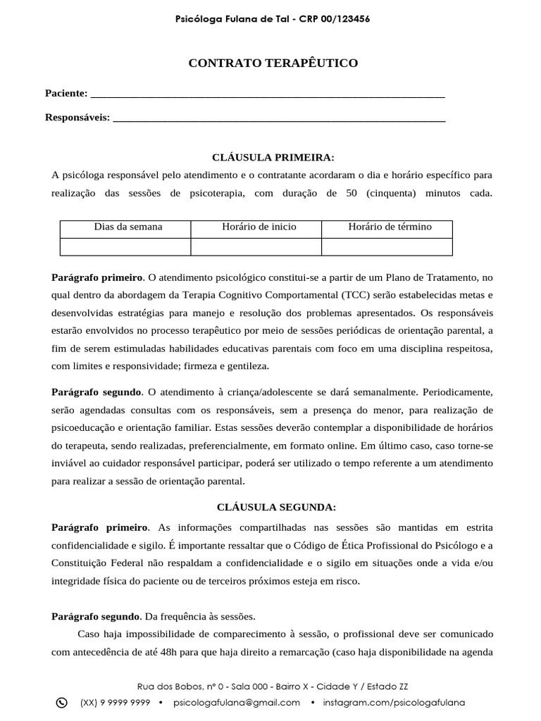 Modelo de Contrato Terapêutico Infantil | PDF | Psicologia | Terapia ...