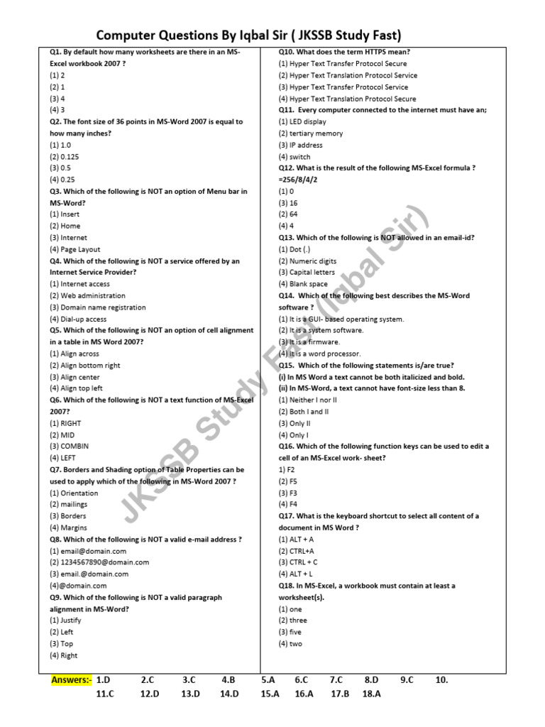 MS Office & Internet Basics Quiz | PDF | Computer Data Storage | Random Access Memory