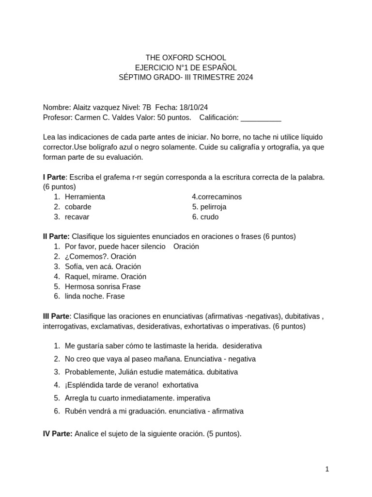 Ejercicio N°1 de Séptimo - III Trimestre | PDF